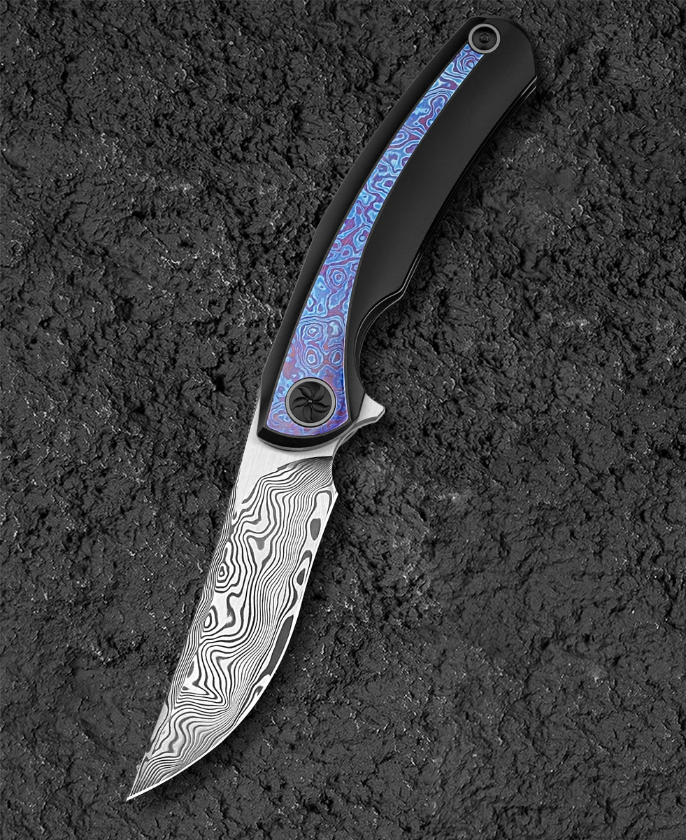BESTECH SAMBAC BT2402F 3.62" Damasteel Blade Titanium Timascus Inlay H ...